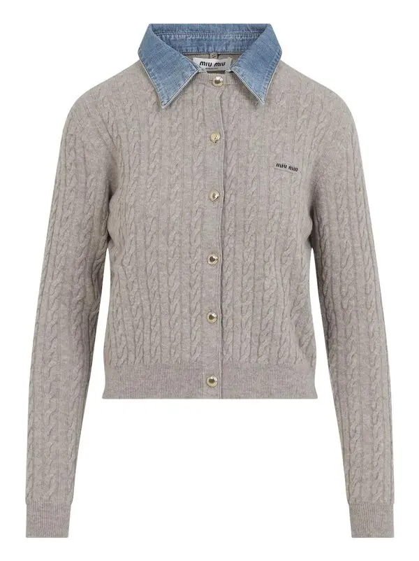 Miu Miu Cable Knit Cropped Cardigan With Denim Collar - Multicolor