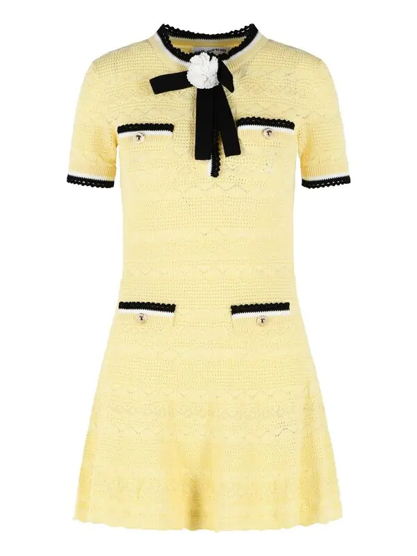 SELF-PORTRAIT Cotton Blend Openwork Knit Mini Dress With Floral Bow Brooch - Yellow