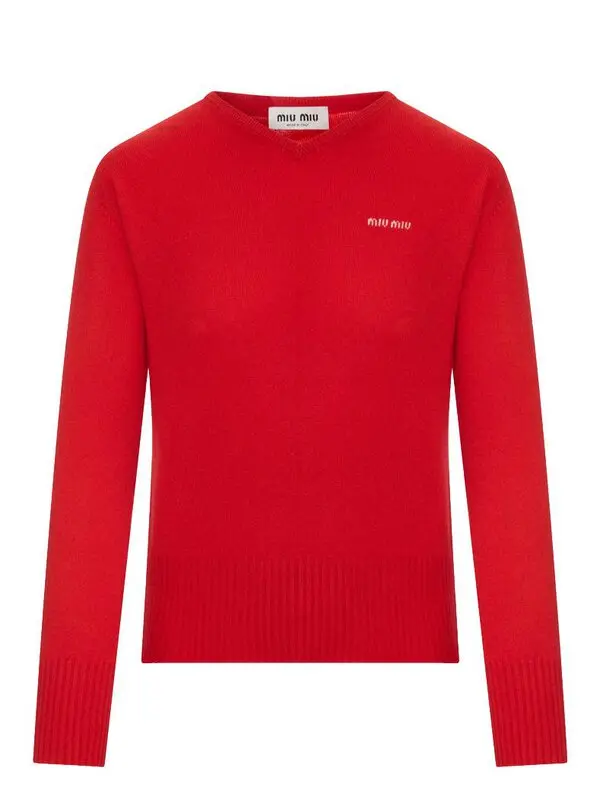 Miu Miu Cashmere V-neck Sweater With Logo - Red