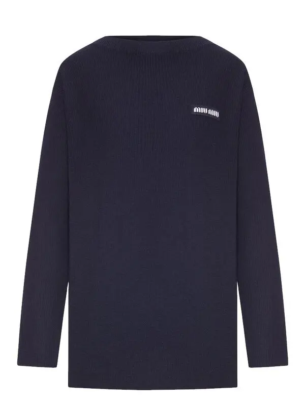 Miu Miu Oversized Ribbed Knit Sweater With Logo - Blue