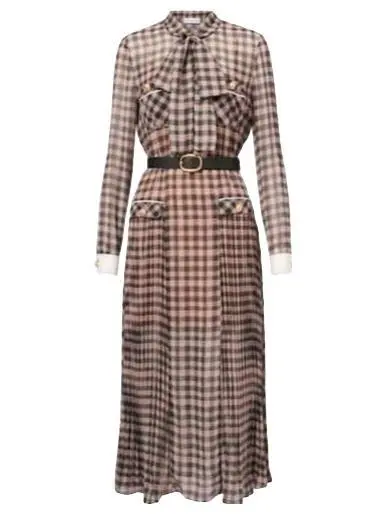 SELF-PORTRAIT Plaid Midi Shirt Dress With Bow Detail - Brown
