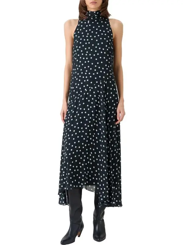 Akris Polka Dot Georgette Dress With Scrunched Neck And Handkerchief Hem - Black-cream