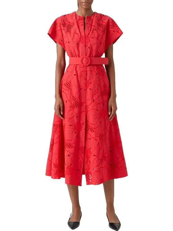 Akris Floral Eyelet Embroidered Belted Cotton Poplin Dress - Red