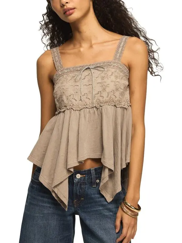 Lucky Brand Eyelet Yoke Handkerchief Hem Tank - Sphinx