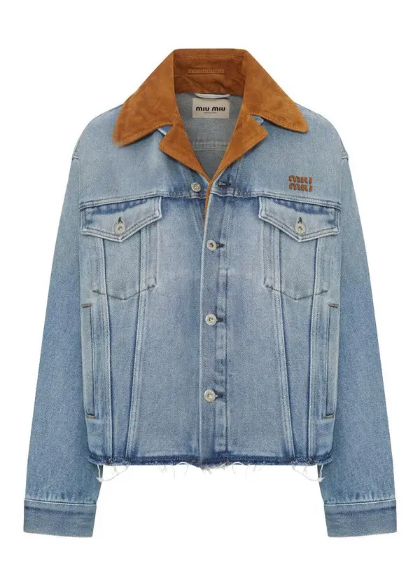 Miu Miu Washed Denim And Suede Blouson With Detachable Collar - Multicolor
