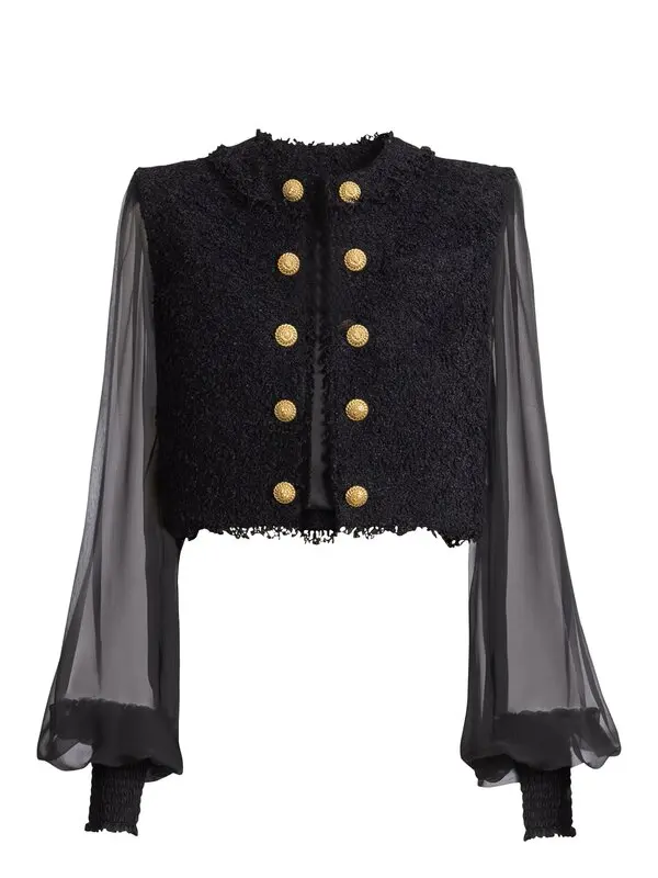 Balmain Cropped Tweed Blouse With Sheer Muslin Sleeves - Black