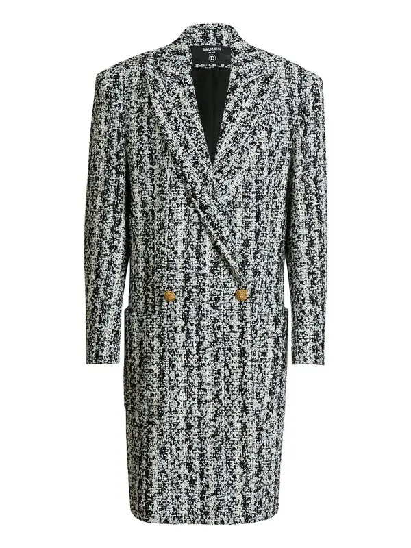 Balmain Double-breasted Tweed Overcoat - Black