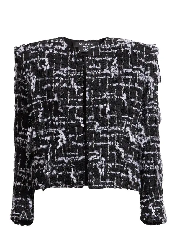 Balmain Frayed Tweed Cropped Jacket - Black