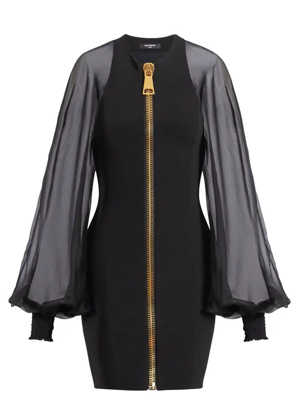 Balmain Jersey Zip Mini Dress With Sheer Balloon Sleeves - Black