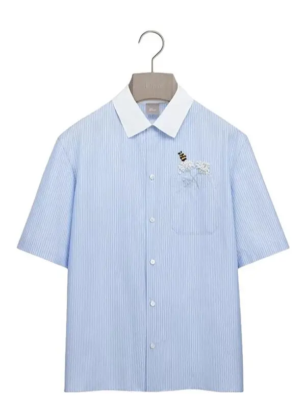 Dior Short-sleeved Shirt With Flower Bee Embroidery - Blue