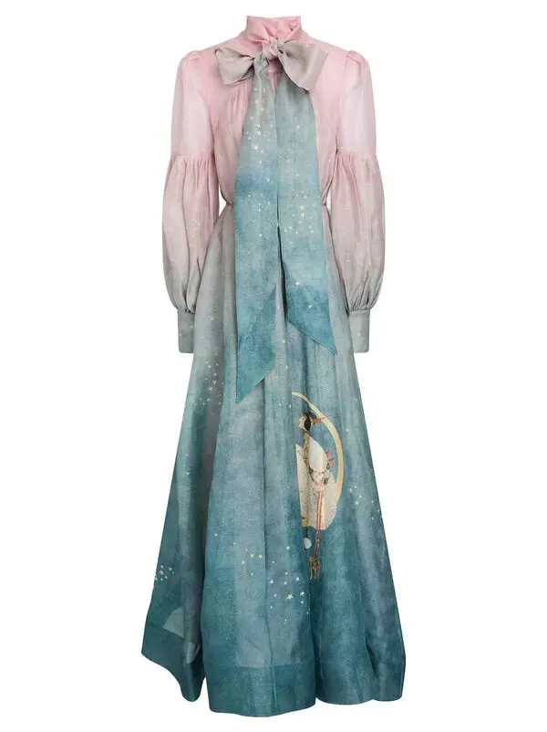 Zimmermann Pussy-bow Printed Linen And Silk-blend Organza Gown - Teal