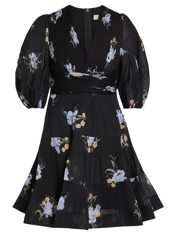 Zimmermann Floral Print Plissé Organza Mini Dress - Black