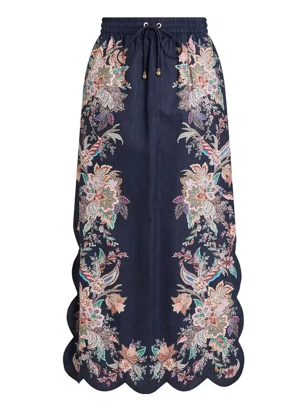 Zimmermann Paisley Print Linen Midi Skirt - Navy