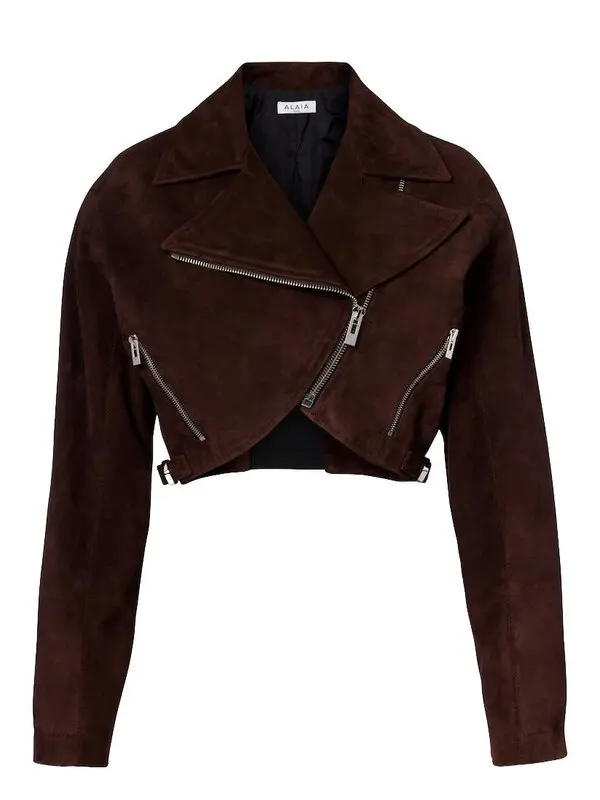 Alaïa Cropped Suede Biker Jacket - Brown