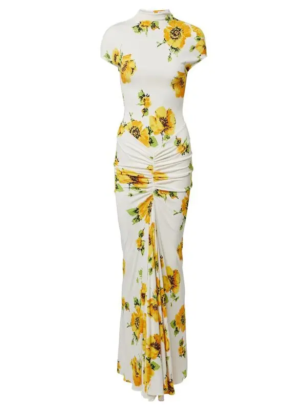 Alaïa Floral Ruched Jersey Maxi Dress - White
