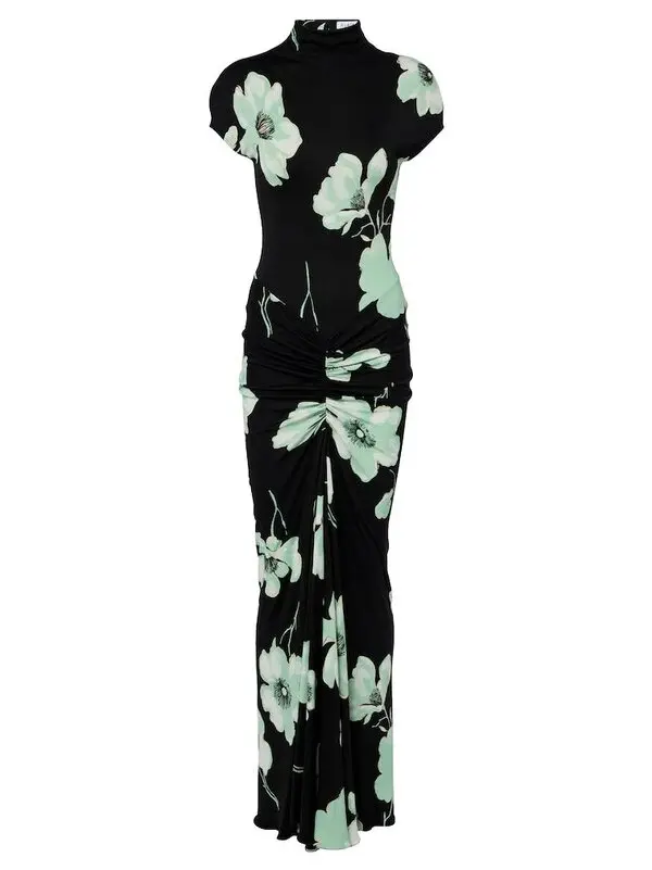 Alaïa Floral Ruched Jersey Maxi Dress - Black
