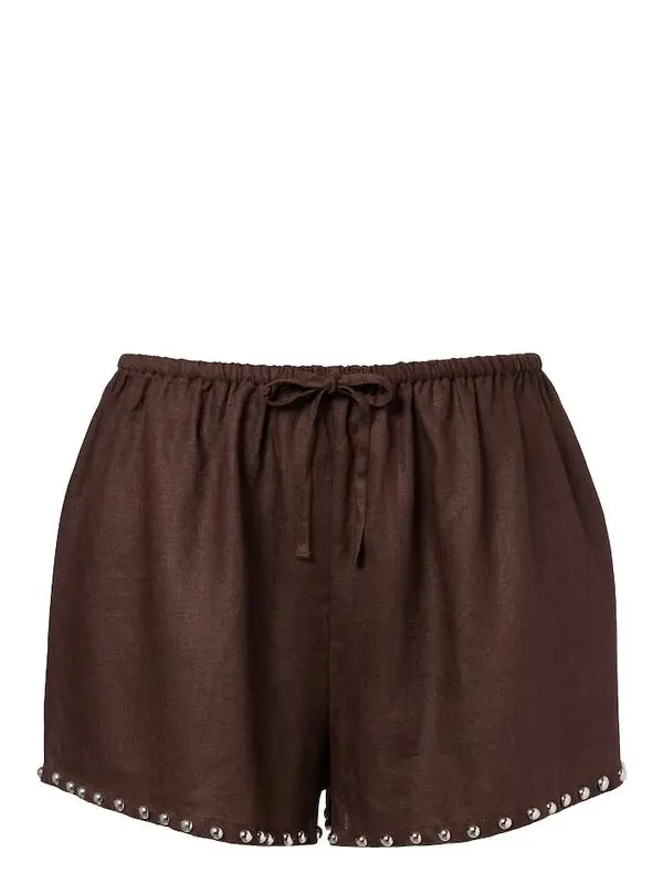 Staud Paddle Studded Linen Shorts - Brown