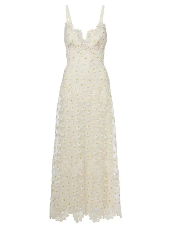 Elie Saab Embroidered Guipure Lace Tulle Maxi Dress - White