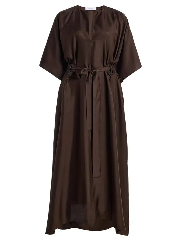 FERRAGAMO Belted Silk Midi Dress - Brown