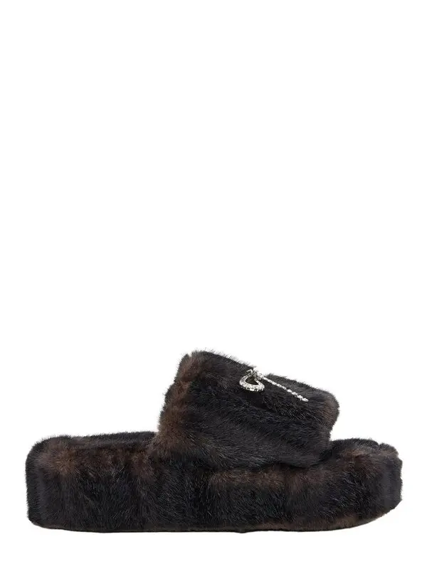 Balenciaga Faux Mink Platform Slippers With Crystal Bow - Brown