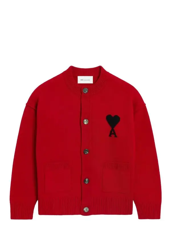 AMI Paris Wool Crewneck Cardigan With De Coeur Intarsia - Red