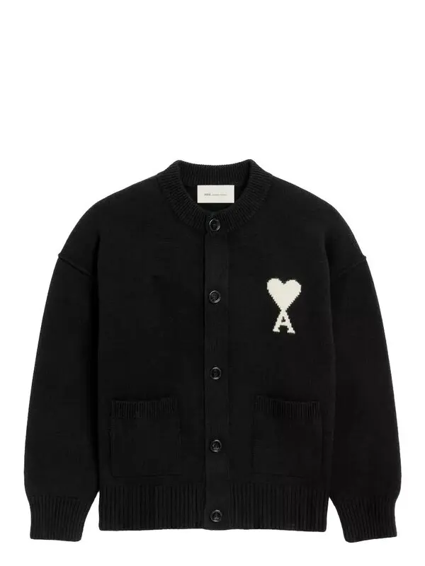 AMI Paris Crewneck Wool Cardigan With De Coeur - Black