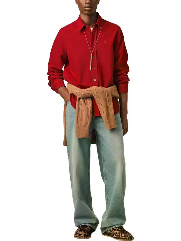 AMI Paris Cotton Button-down Shirt With De Coeur Embroidery - Red
