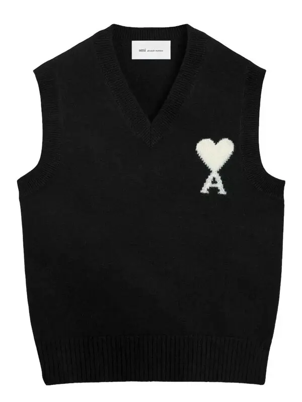 AMI Paris Sleeveless Wool V-neck Sweater With De Coeur - Black