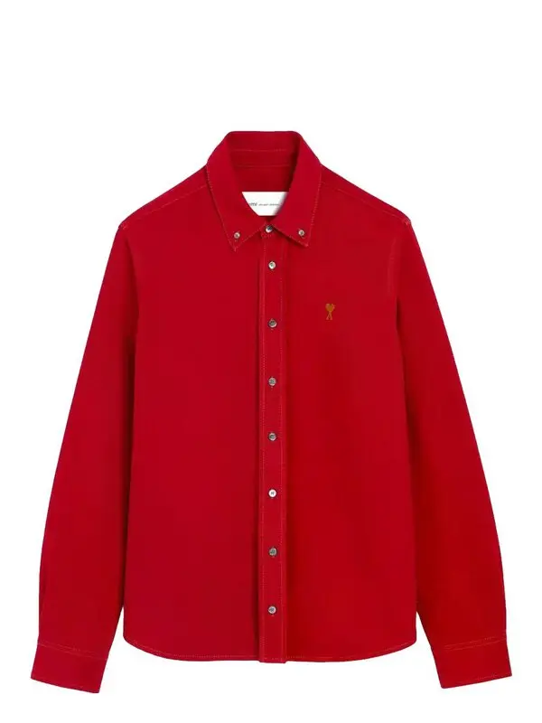 AMI Paris Cotton Button-down Shirt With De Coeur Embroidery - Red