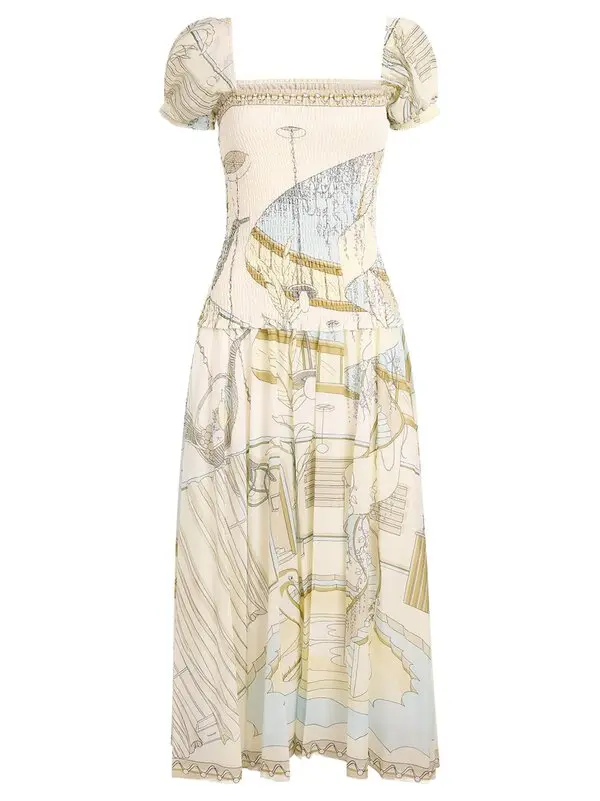 Tory Burch Silk-cotton Printed Midi Dress - Beige