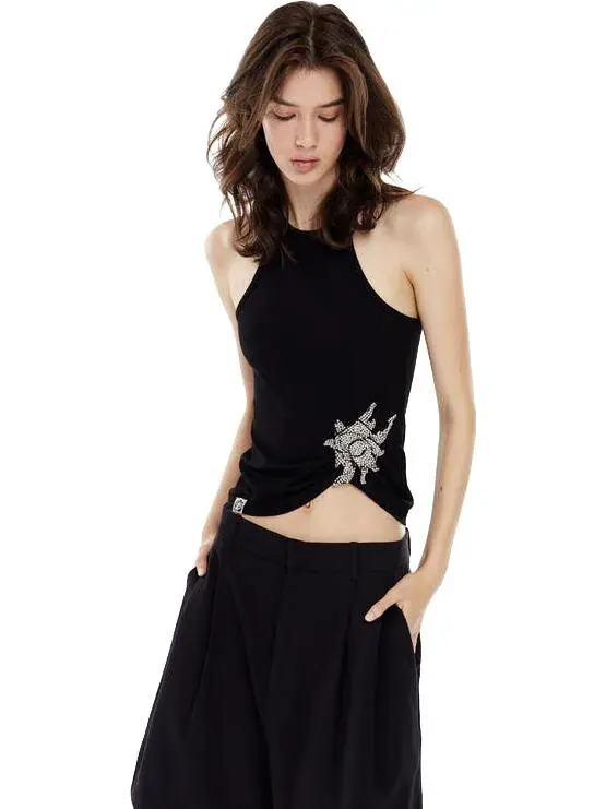 MOTHER OF ALL Ribbed Sunrose Halter Top - Black