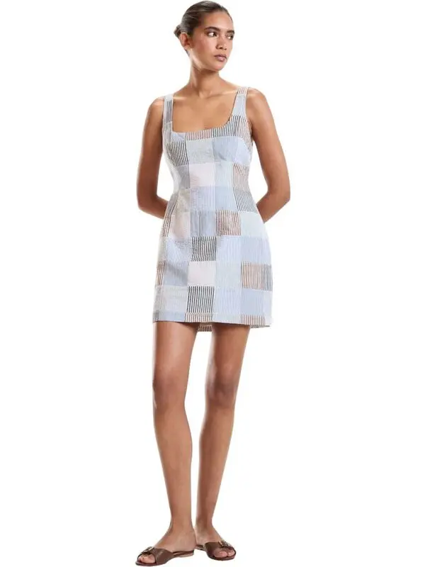 Cynthia Rowley Seersucker Madras Patchwork Mini Dress - Blue