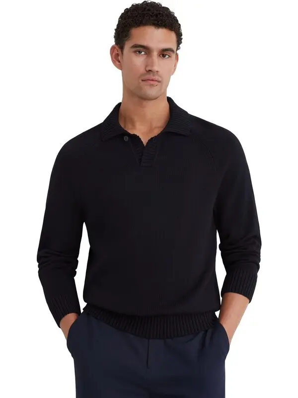 REISS Ashdown Cotton Open-collar Polo Jumper - Navy