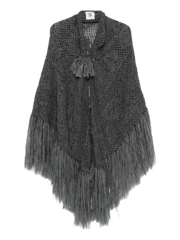 CHIARA IS Crocheted Poncho With Fringed Trim - Grey