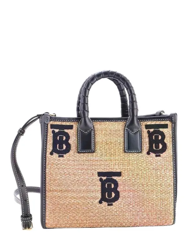 Burberry Freya Shopping Embroidered Raffia And Leather Mini Tote Bag - Black