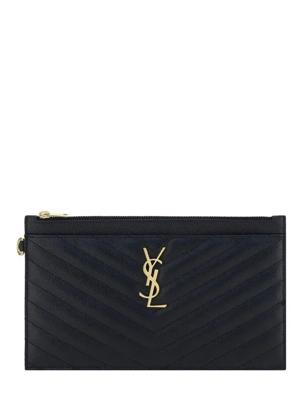 Saint Laurent Quilted Calfskin Clutch With Gold-plated Logo Plaque - Black