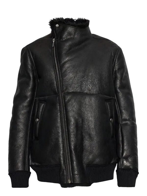 Rick Owens Leather Aviator Jacket With Fur Lining - Black