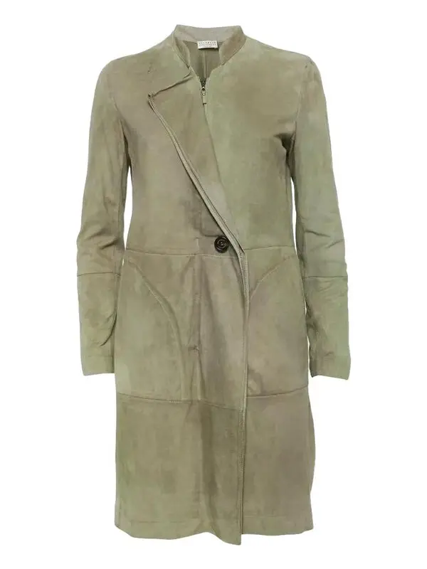 Brunello Cucinelli Green Suede Stand-up Collar Jacket - Neutrals