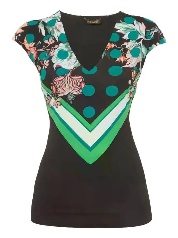 Roberto Cavalli Floral Print And Polka Dot V-neck Cap Sleeve Top - Black