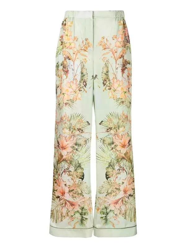 Alberta Ferretti Botanical Print Wide-leg Silk Trousers - Green