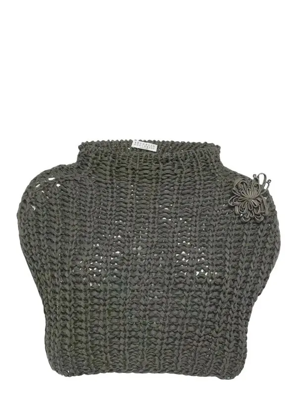 Brunello Cucinelli Crochet Floral Appliqué High Neck Sleeveless Cropped Sweater - Grey