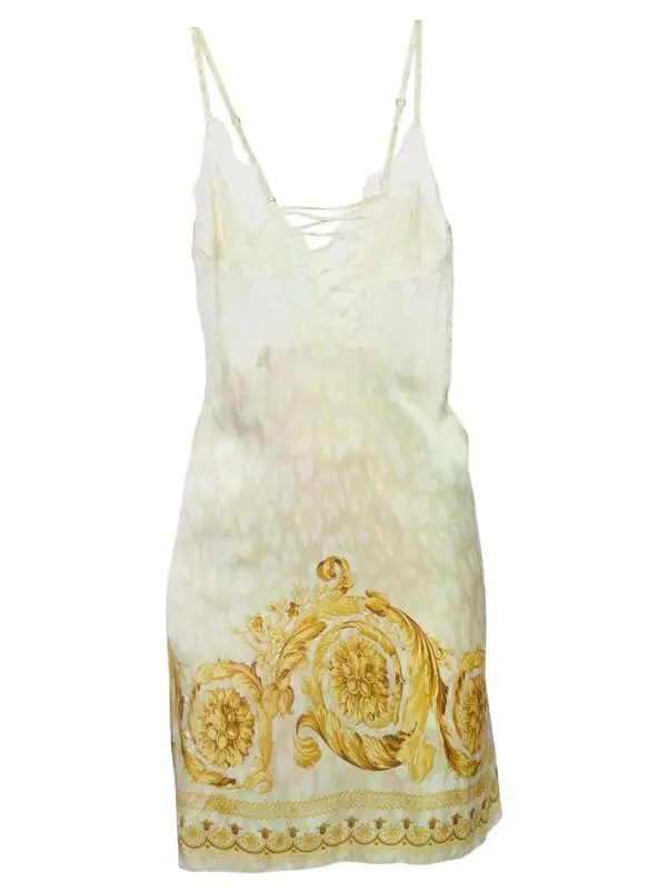 Versace Baroque Print Lace Trim Mini Dress - Neutrals
