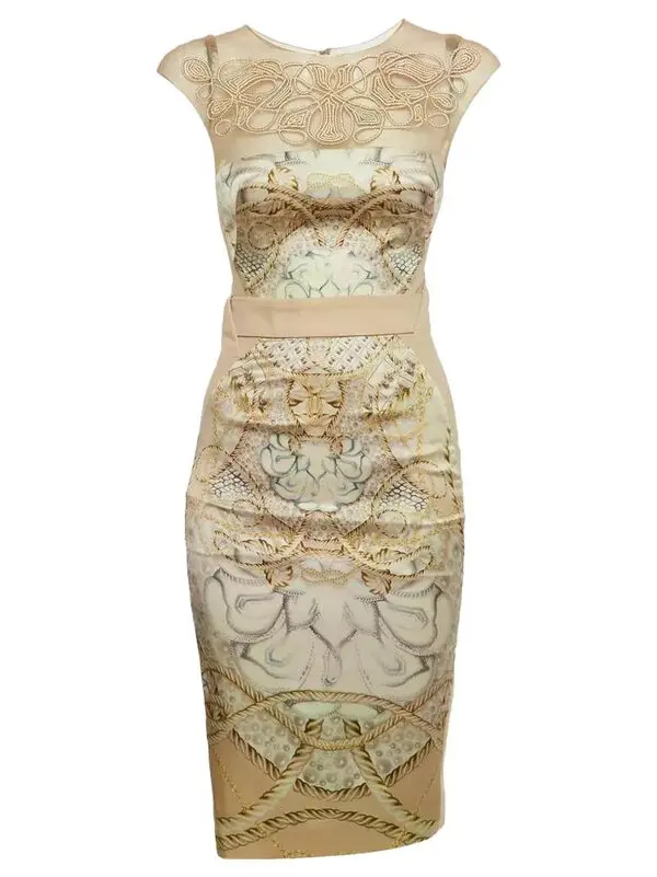 Zuhair Murad Baroque Print Mesh Panel Midi Dress - Neutrals