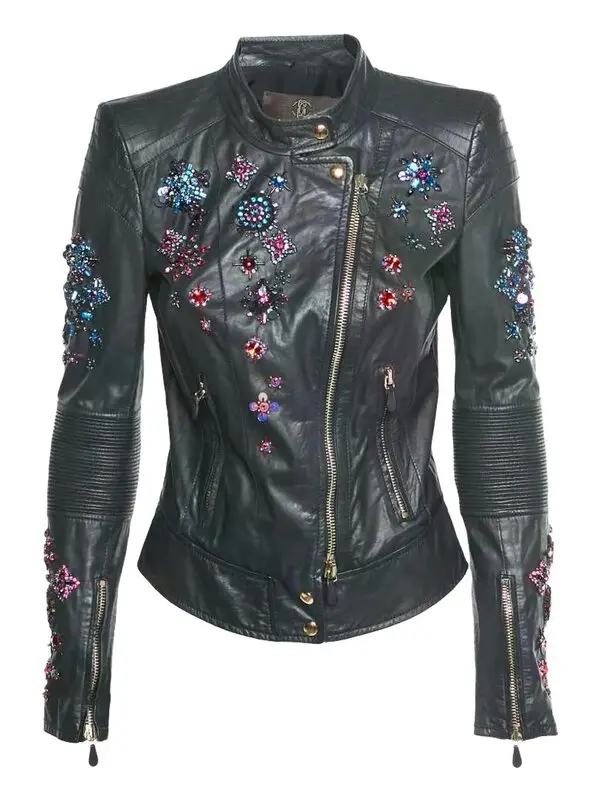 Roberto Cavalli Embellished Leather Biker Jacket - Black