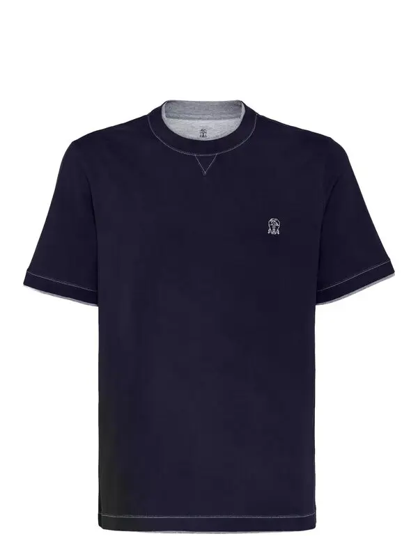 Brunello Cucinelli Logo-embroidered Contrast-trim T-shirt - Blue