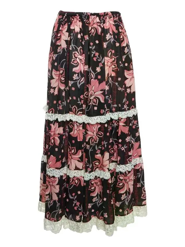 Gucci Floral-print Lace-trim Midi Skirt - Black