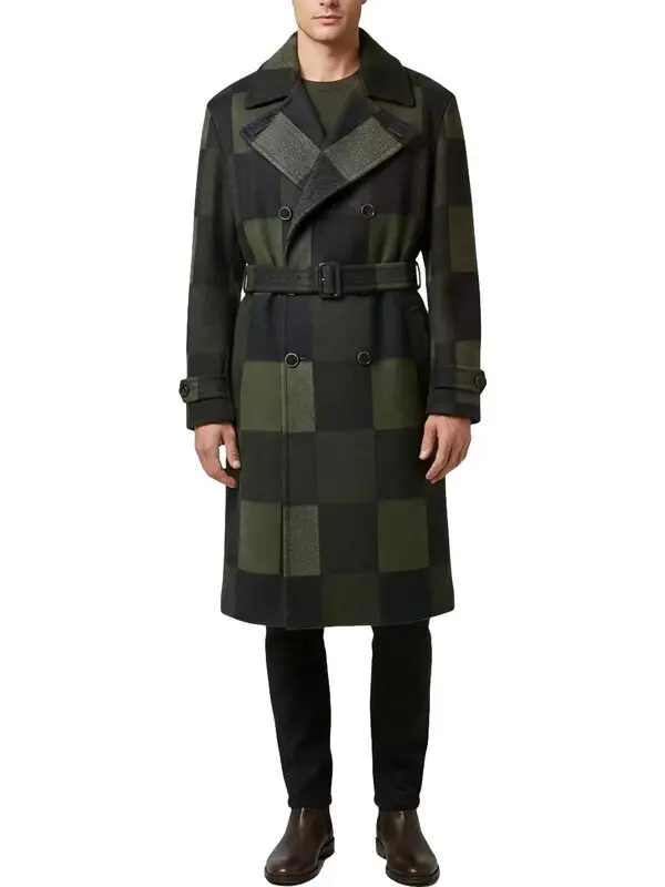 FERRAGAMO Double-breasted Check Wool Coat - Green