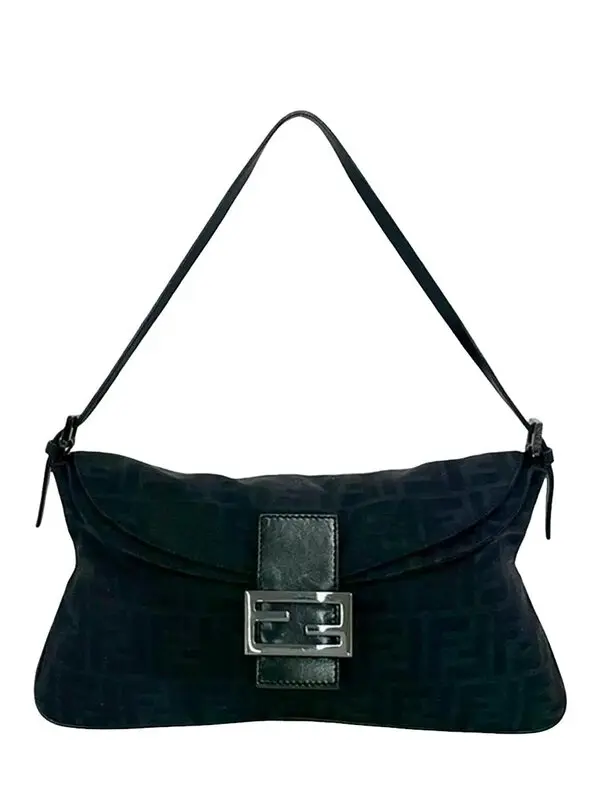 Fendi Zucca Canvas Double Flap Shoulder Bag - Black