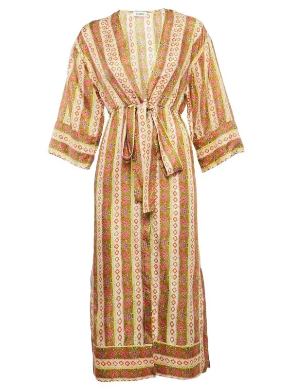 Sandro Multicolor Silk Floral Striped Kaftan Midi Dress - Neutrals