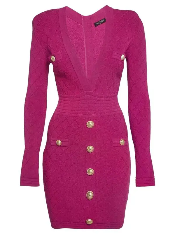 Balmain Mini Button-detail Jacquard-knit Dress - Pink